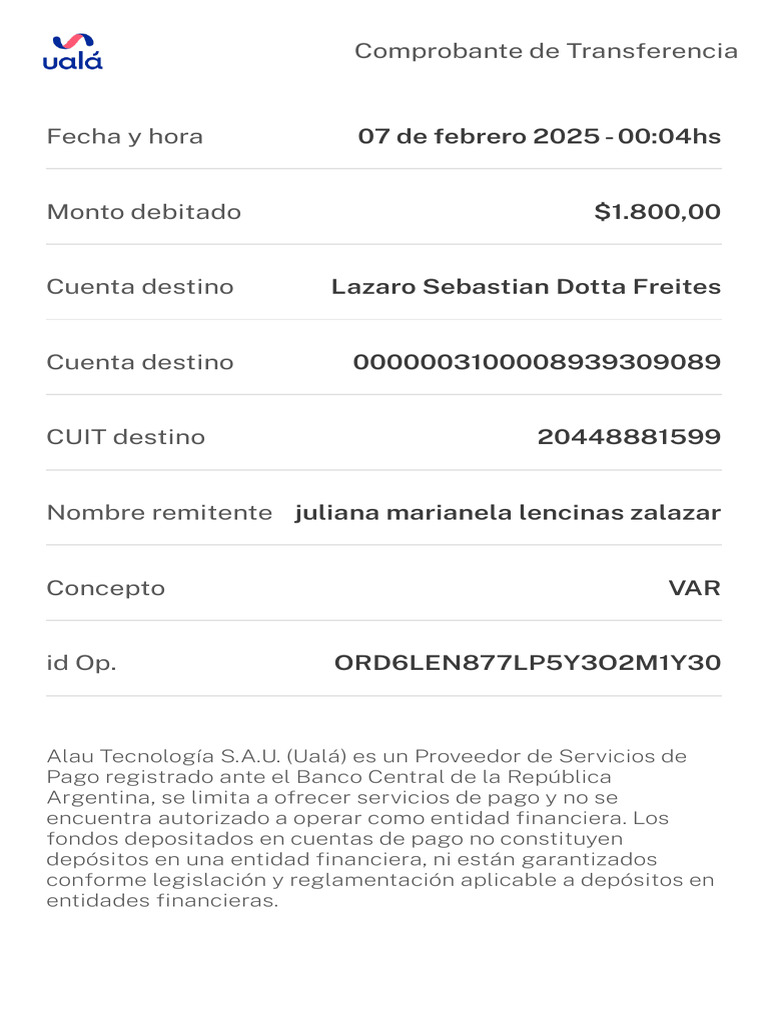 Comprobante de Transferencia Ualá 2025 | PDF