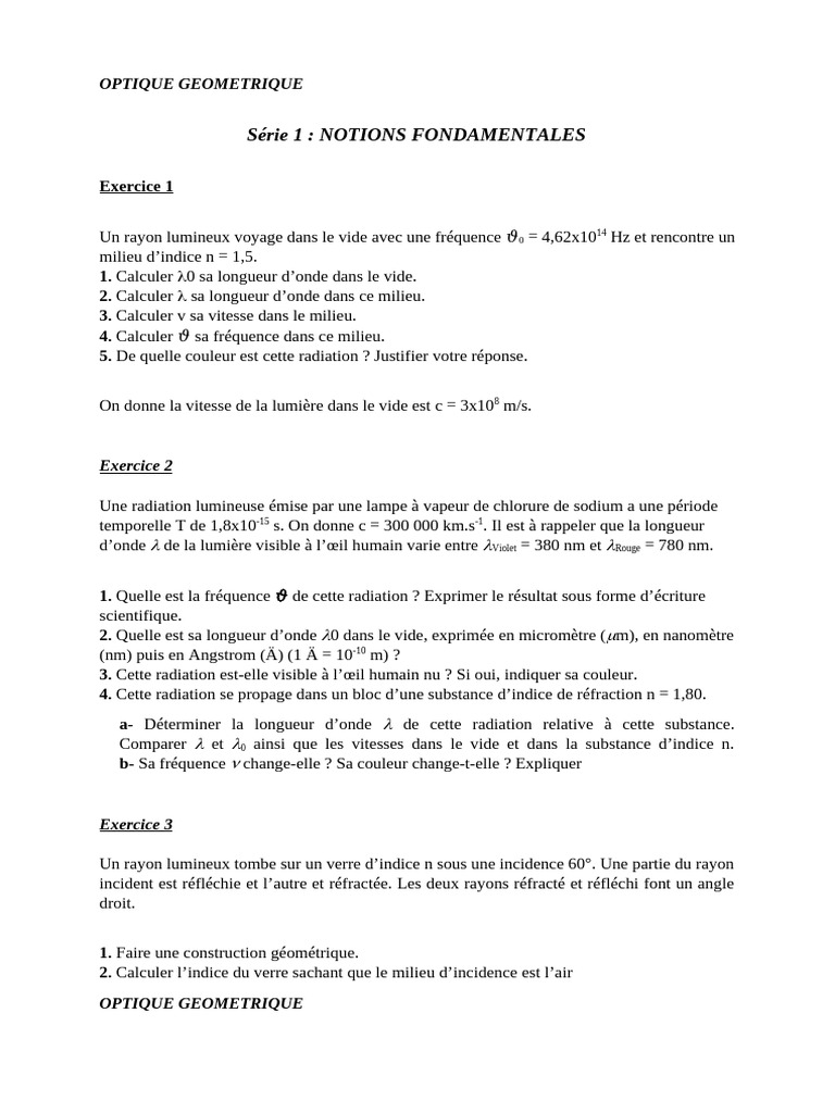 Notions fondamentales en optique géométrique | PDF | Réfraction ...