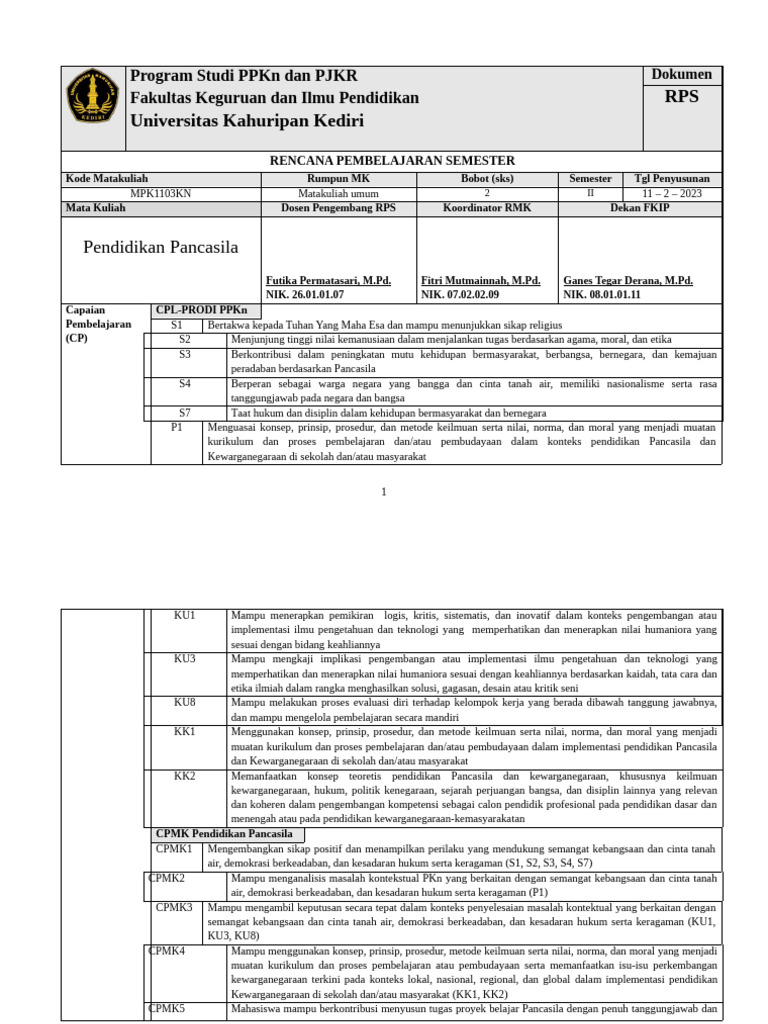 RPS Pendidikan Pancasila (Manajemen) | PDF