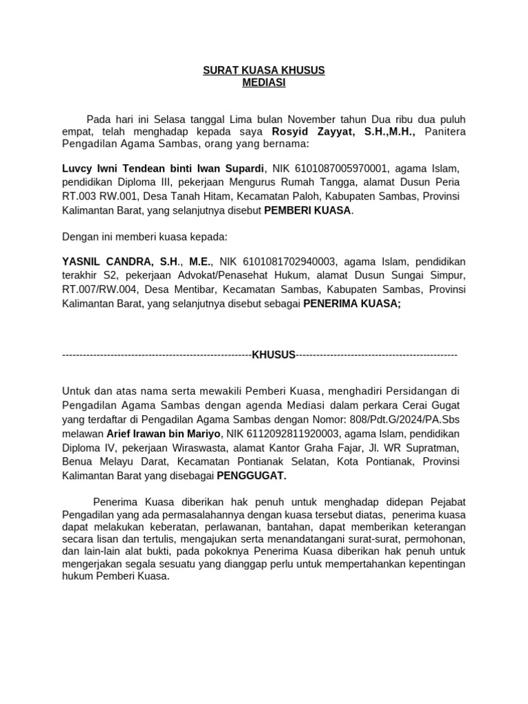 Surat Kuasa Istimewa Mediasi | PDF