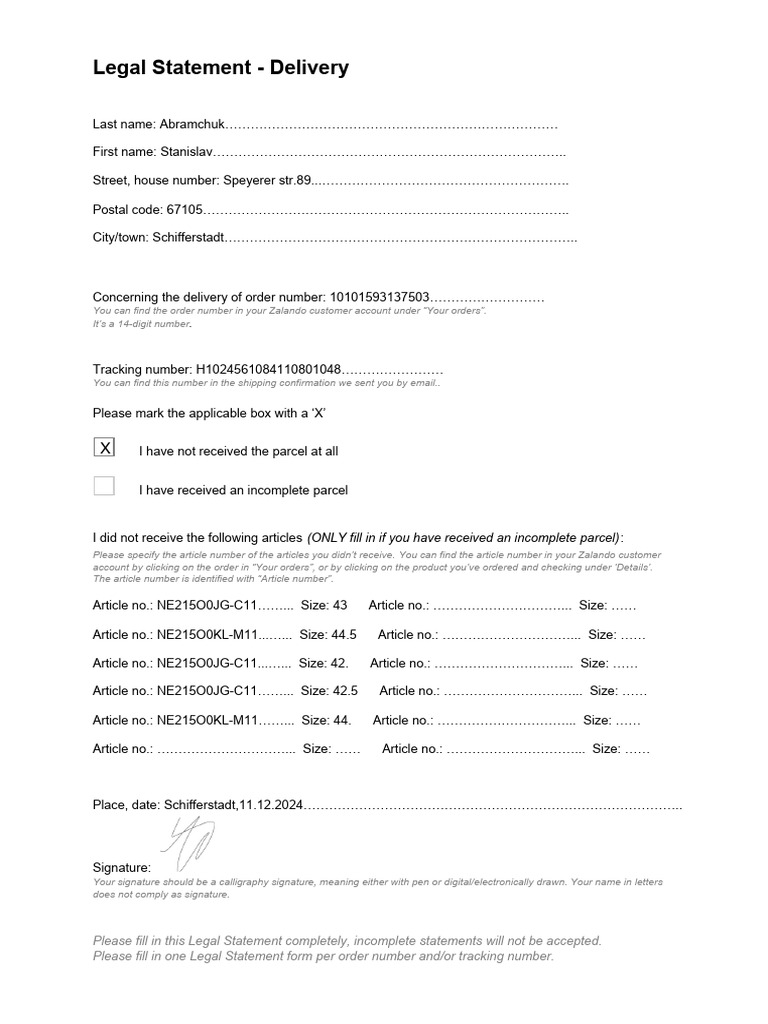 Zalando Delivery Legal Statement | PDF