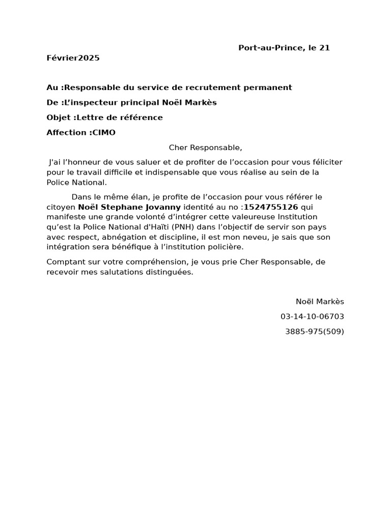 Lettre de référence pour la PNH | PDF