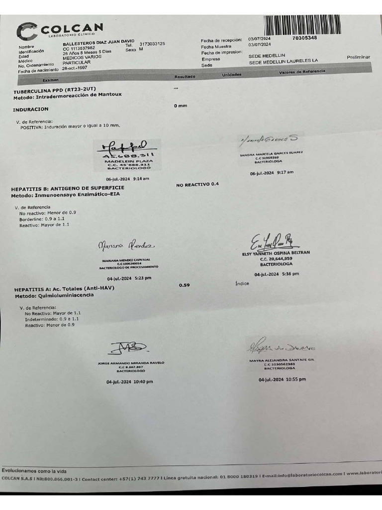 Prueba PPD y Anticuerpos Hepatitis A y B | PDF