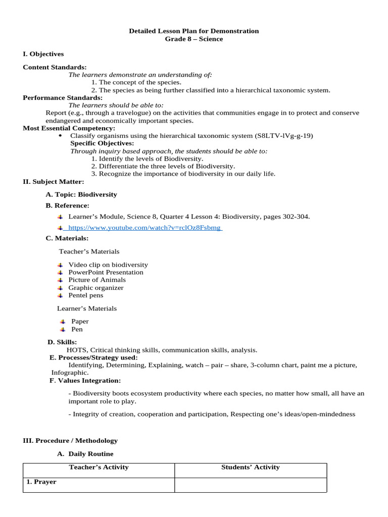 Detailed Lesson Plan For Demonstration | PDF | Biodiversity | Dominance ...