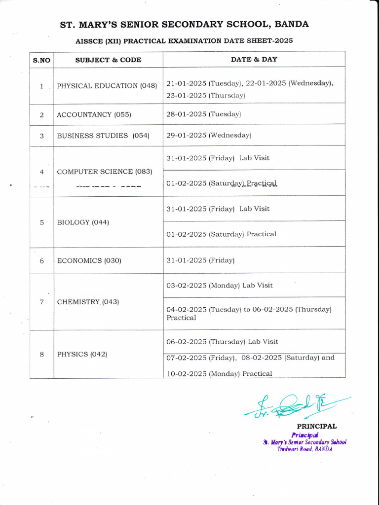 BOARD PRACTICAL EXAM DATE SHEET-2025 | PDF