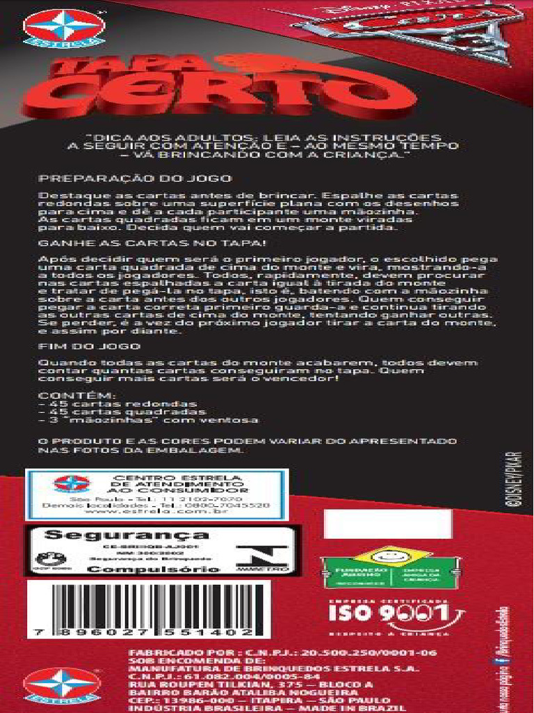 Manual Jogo Tapa Certo Cars 3 | PDF