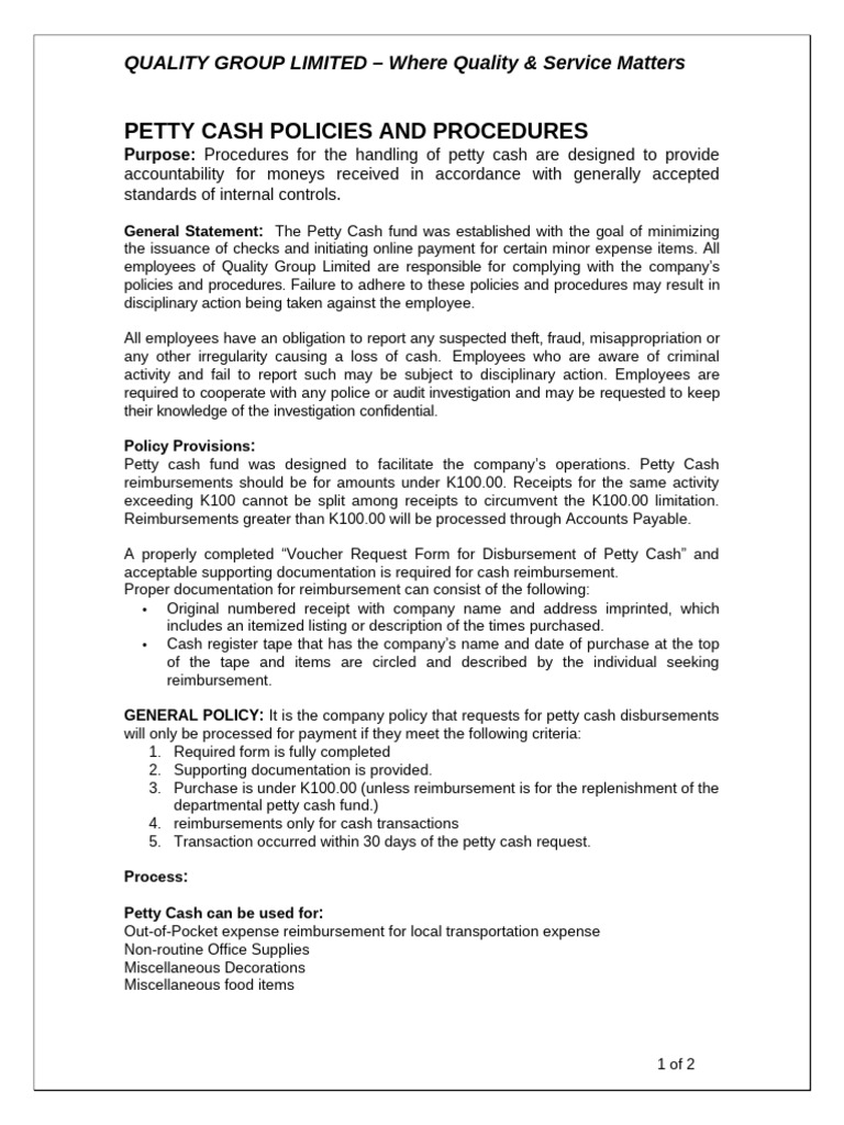 Petty Cash Policy for Employees | PDF | Cash | Receipt