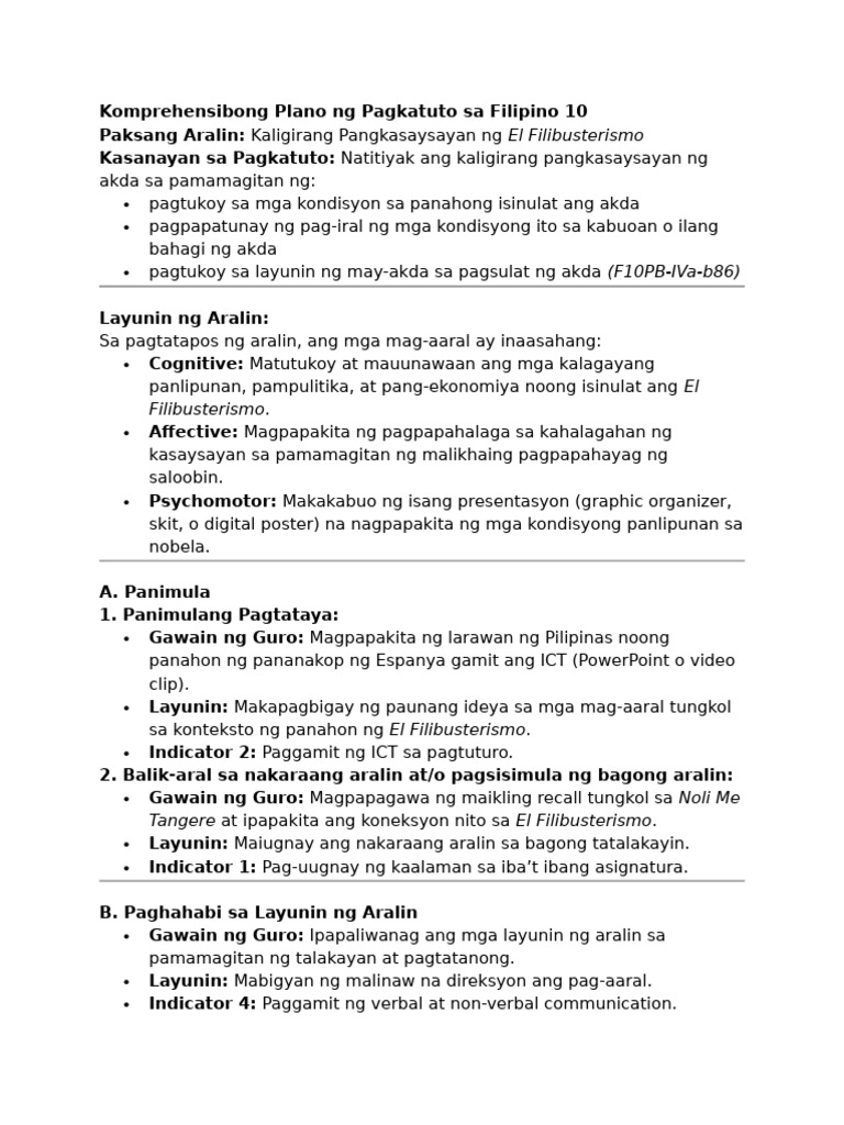 Komprehensibong Plano NG Pagkatuto Sa Filipino 10 | PDF