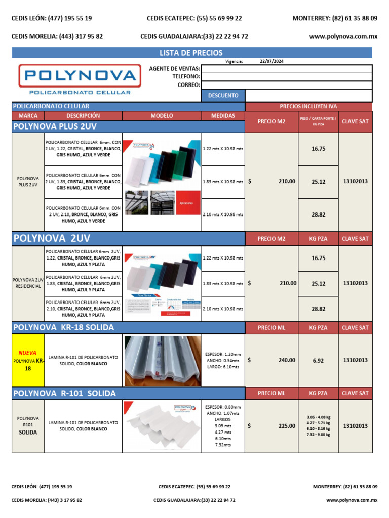 Precios y Contacto Policabronato Polynova | PDF | El plastico ...