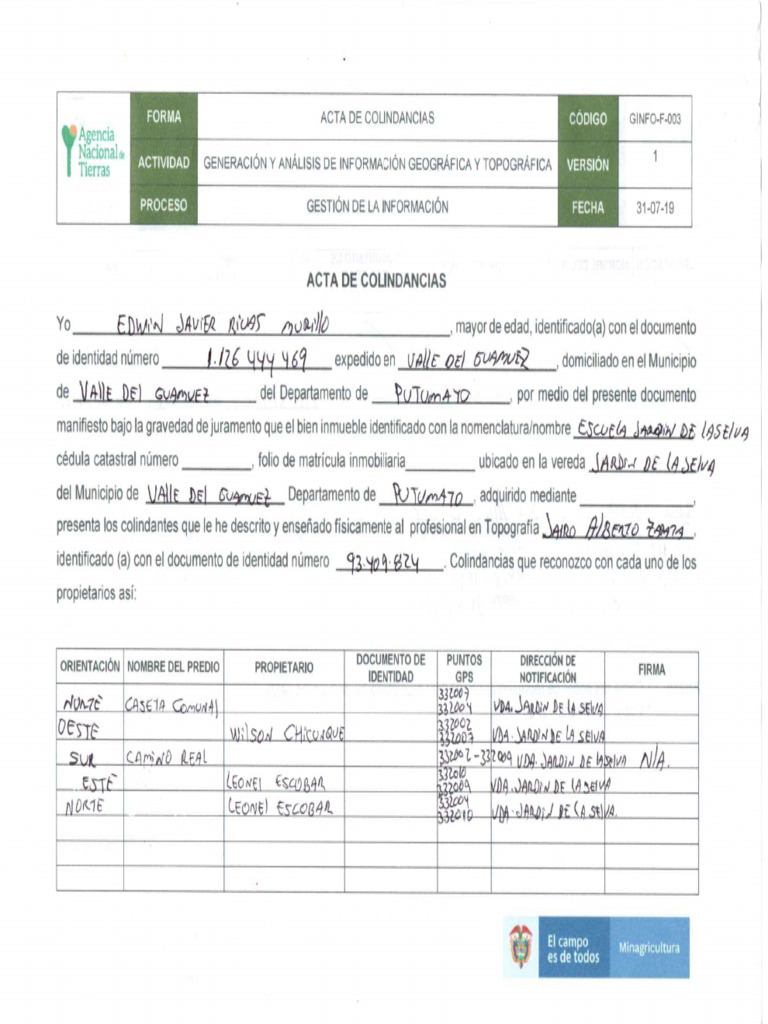 Ginfo-F-003 Acta de Colindancia | PDF