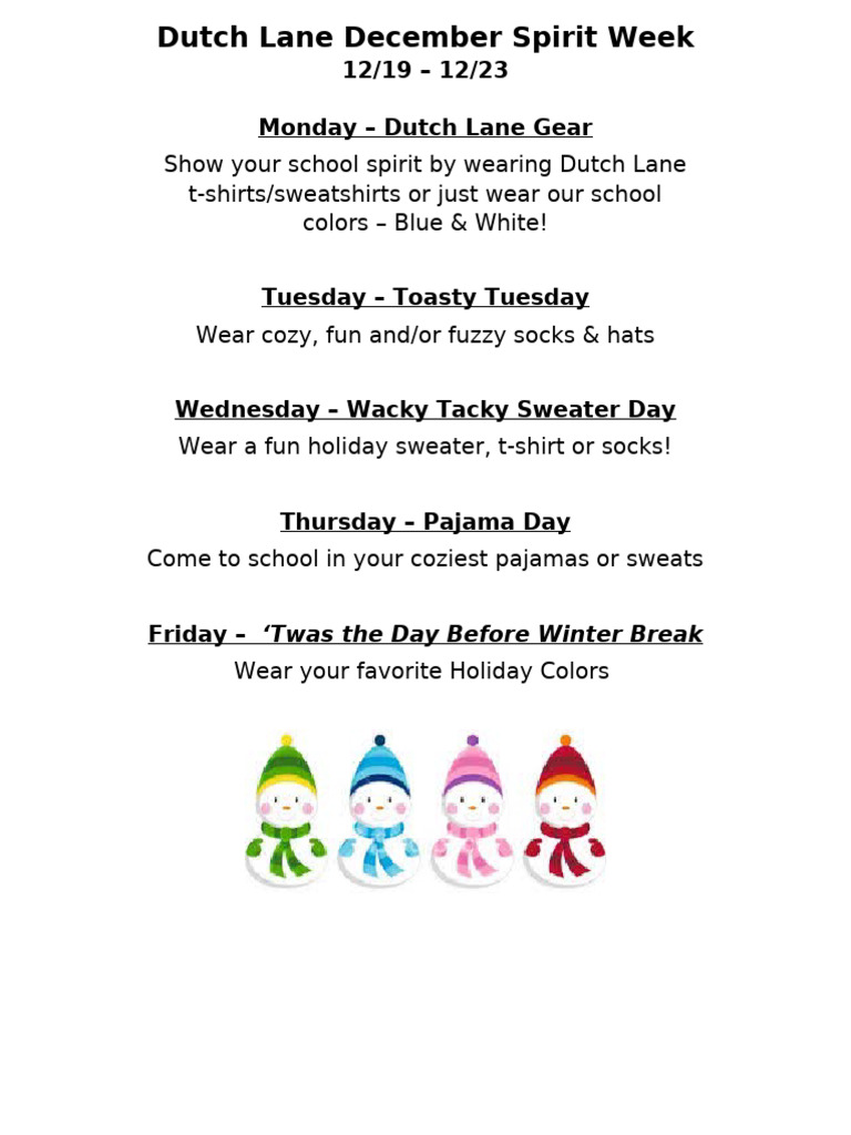 Dutch Lane December Spirit Week 2 | PDF