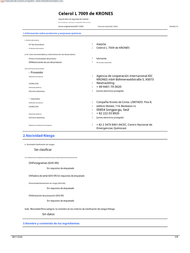 Hoja de Seguridad Celerol L 7009 | PDF | Contaminación | Agua