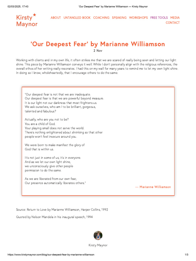 Our Deepest Fear' by Marianne Williamson - Kirsty Maynor | PDF