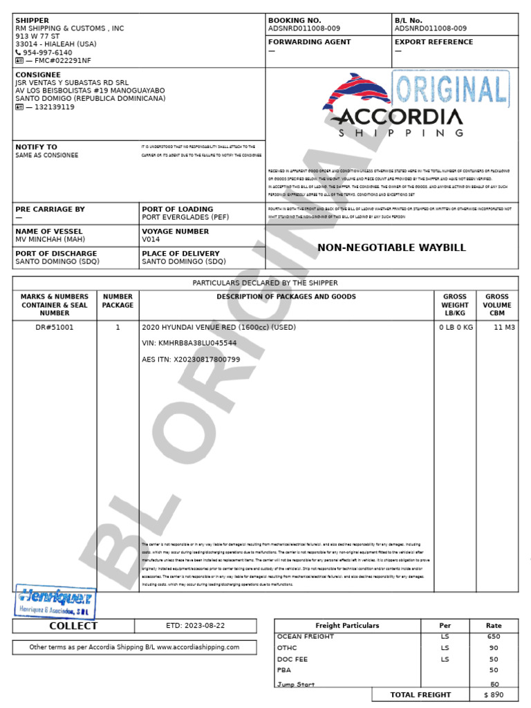bl_ADSNRD011008-009_BL-ORIGINAL | PDF | Bill Of Lading | Cargo