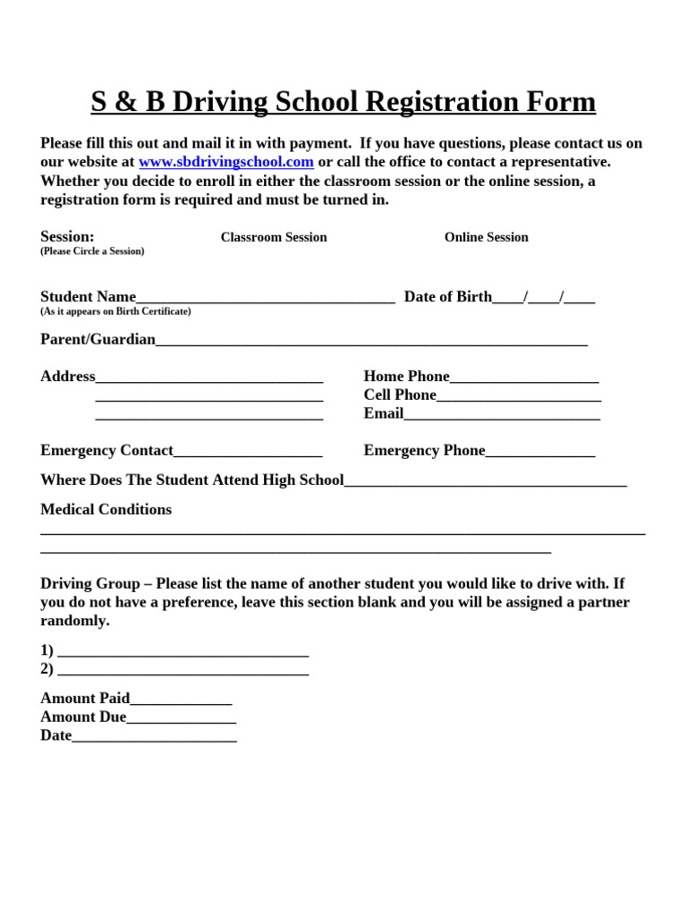 S & B Driving School Registration Form | PDF