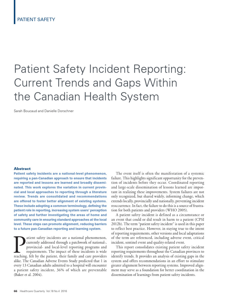 Patient Safety Incident Reporting - Canadian Health System | PDF ...