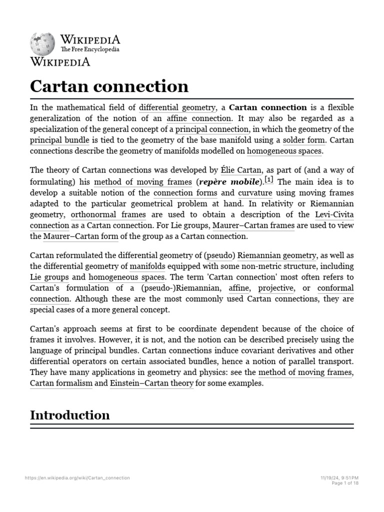 Cartan connection - Wikipedia | PDF | Applied Mathematics | Space