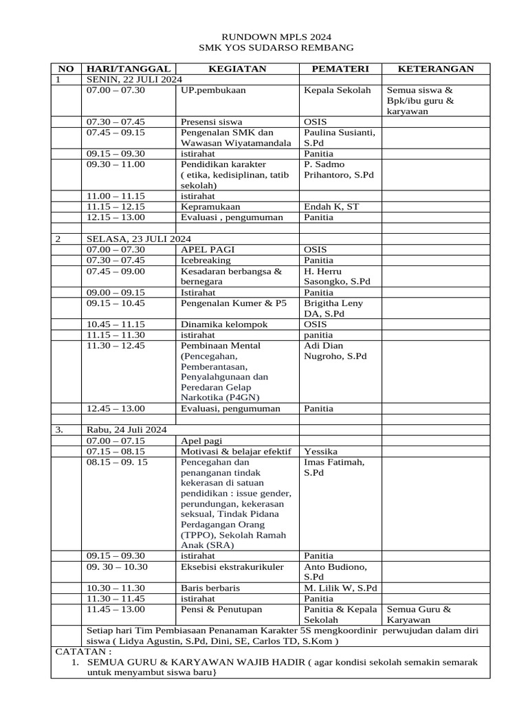 Jadwal MPLS SMK Yos Sudarso 2024 | PDF