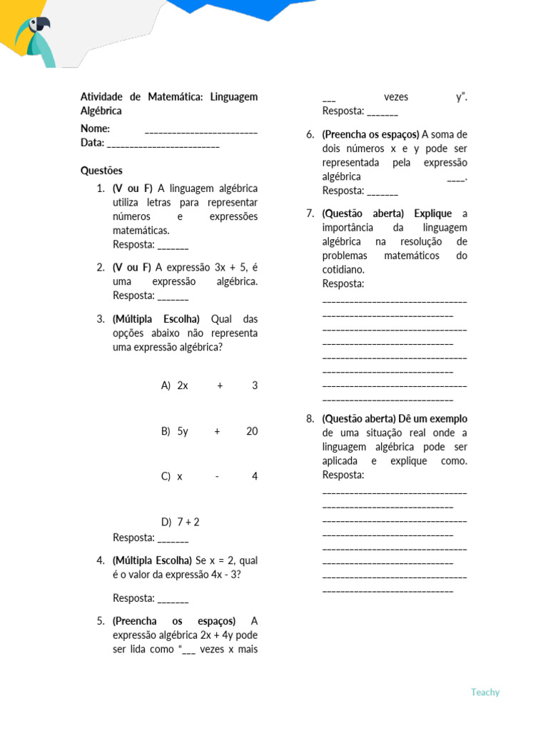 Atividade de Matemática: Linguagem Algébrica | PDF | Matemática