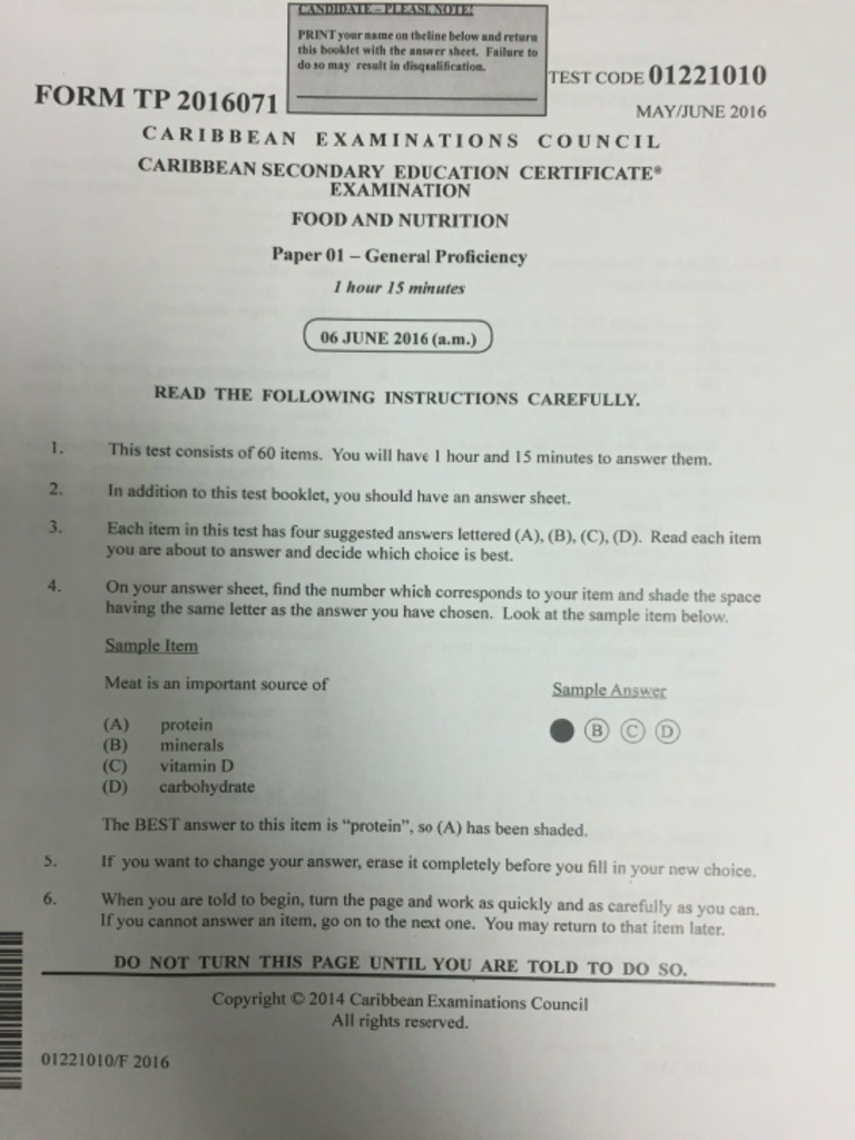 Csec FNH P1 2016 | PDF