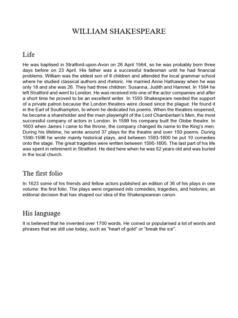 Shakespeare: Life, Works, and Sonnets | PDF | Shakespeare's Sonnets ...