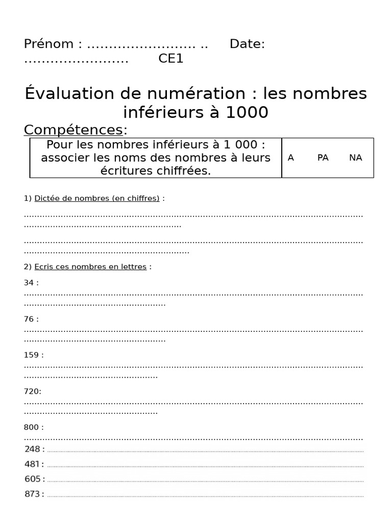Évaluation de numération CE1 : Nombres