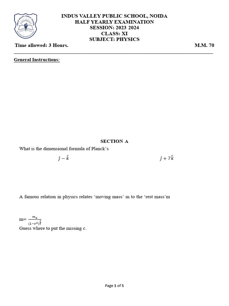 Xi - Physics - Half Yearly - 2023 - 2024 | PDF | Force | Momentum