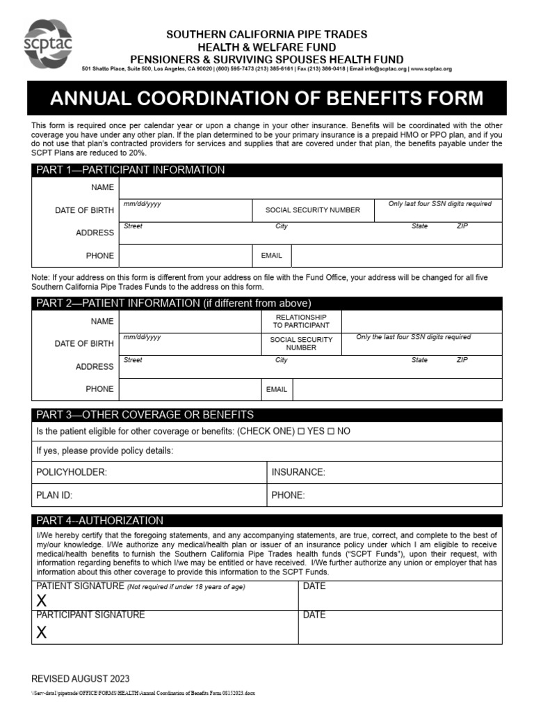 Annual Coordination Benefits Form | PDF | Social Security (United ...