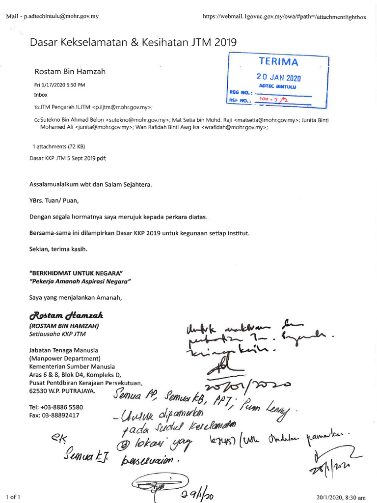 Dasar Keselamatan & Kesihatan Jtm 2019 | PDF