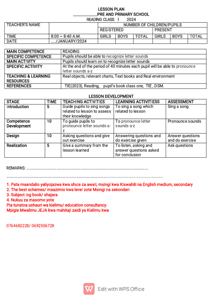 Pre-Primary Reading Lesson Plan 2024 | PDF | Lesson Plan | Education Theory