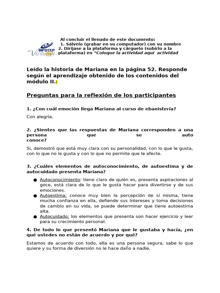 FORMACION HUMANA INFOTEP Tarea 2 FH | PDF | Las emociones | Autoestima