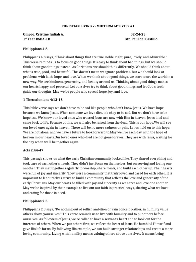 Christian Living 2 Midterm Act 1 | PDF | First Epistle To The Corinthians | Jesus