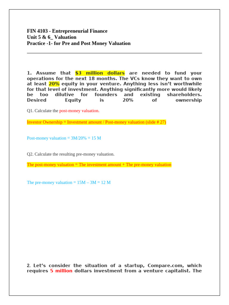 Pre and Post Money Valuation Guide | PDF