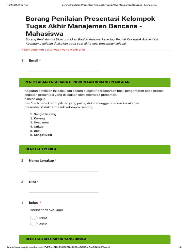 Borang Penilaian Presentasi Kelompok Tugas Akhir Manajemen Bencana ...