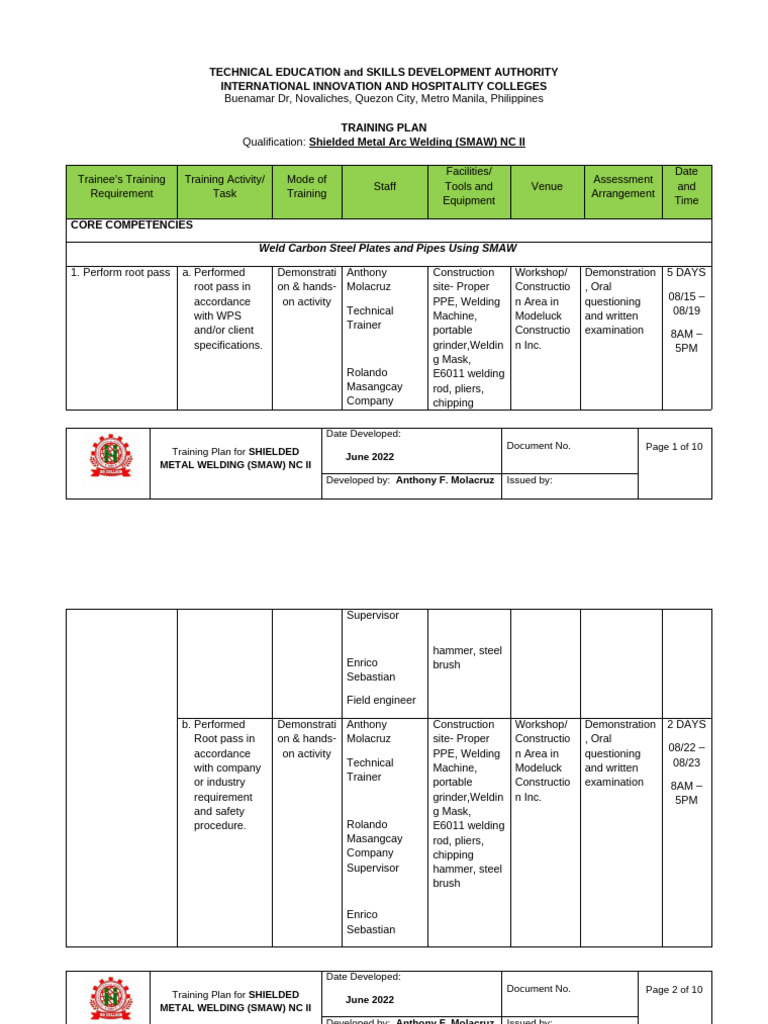 b.3.Training Plan | PDF | Welding | Construction