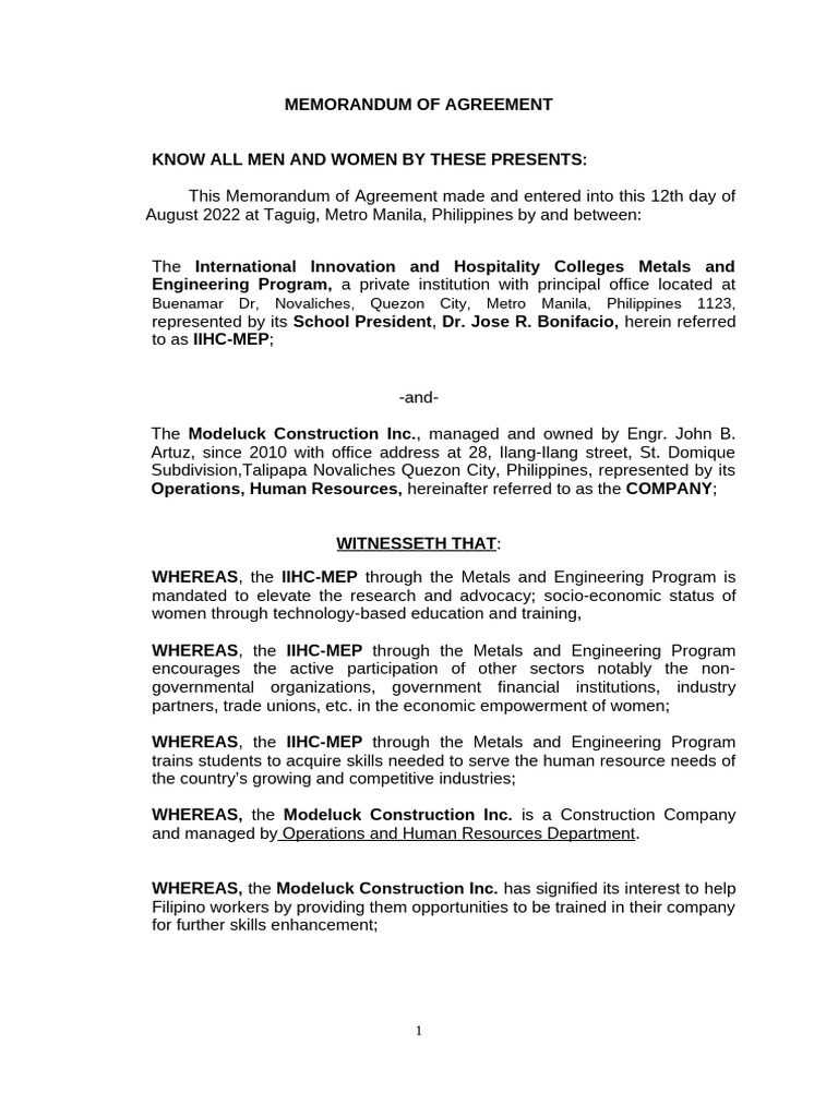 b.1.MOA (Memorandum of Agreement) | PDF | Legal Liability | Justice