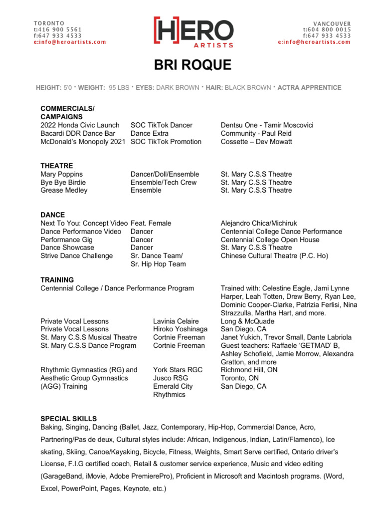 Bri Roque Resume | PDF | Dances | Entertainment