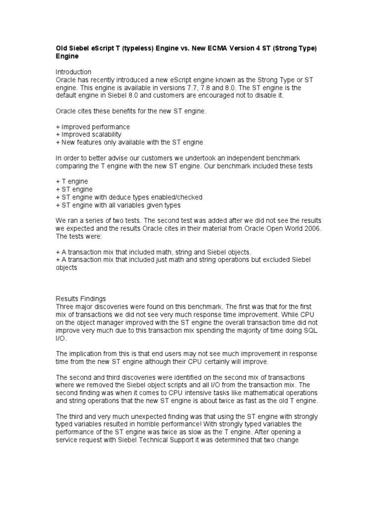 Old Siebel Escript T Engine Vs New ST Engine | PDF | Oracle Database | Scripting Language