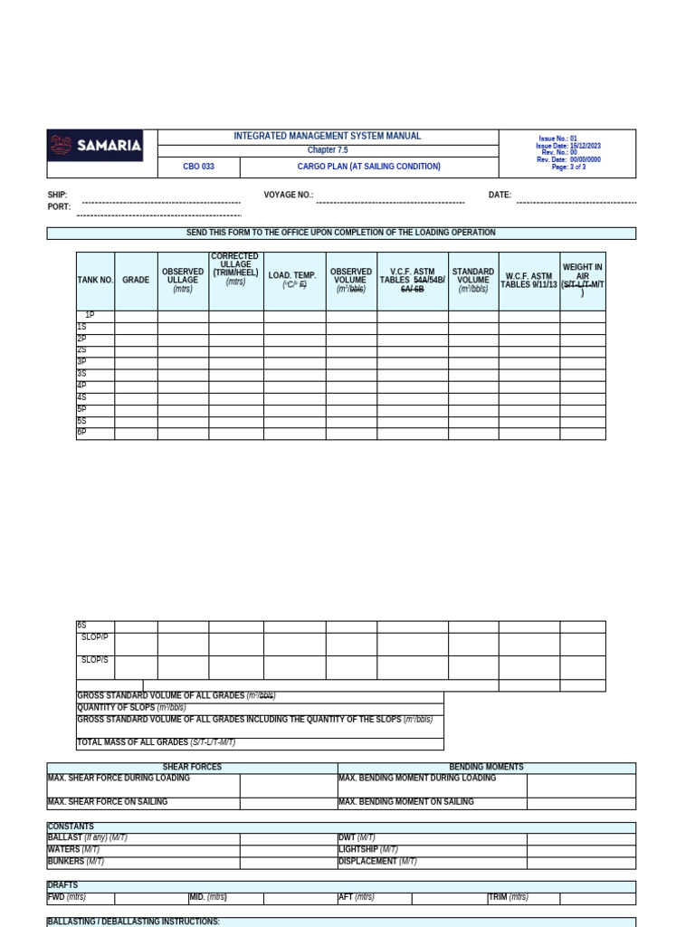 Form CBO 033 Cargo Plan (At Sailling Condition) | PDF | Watercraft | Ships