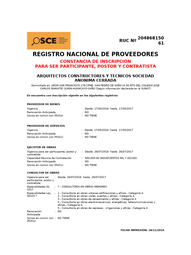 Registro Nacional de Proveedores: Constancia de Inscripción para Ser Participante, Postor Y ...