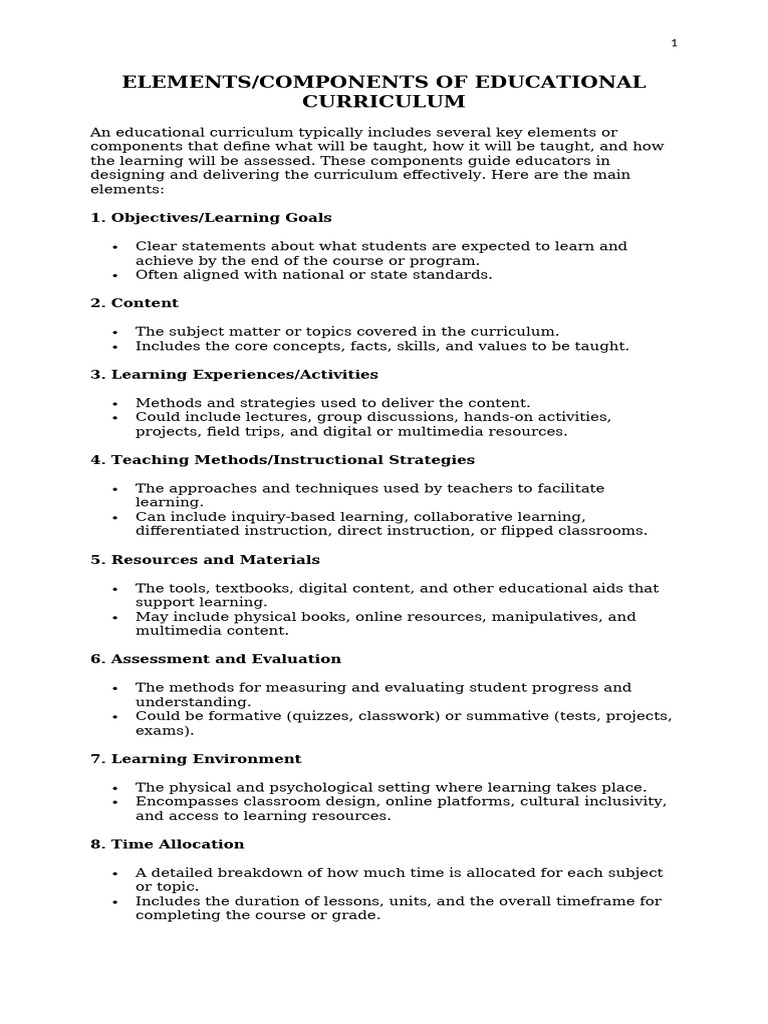 Elements - Components of Educational Curriculum | PDF | Curriculum ...
