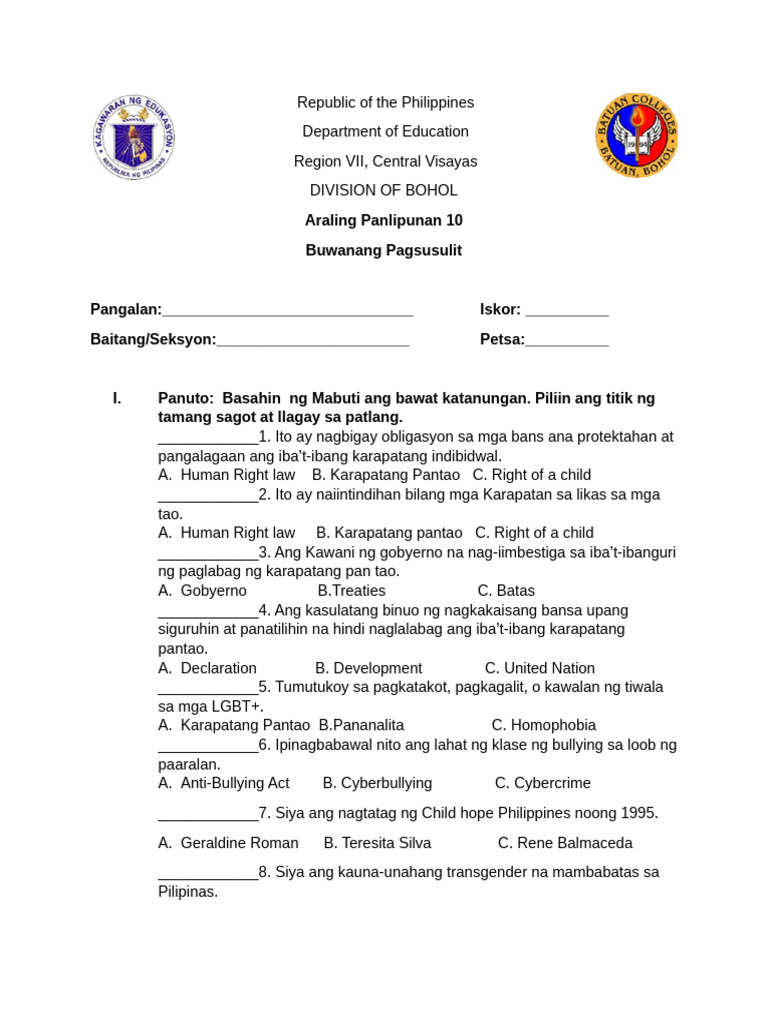 Sarah Grade 10 Monthly Exam A | PDF
