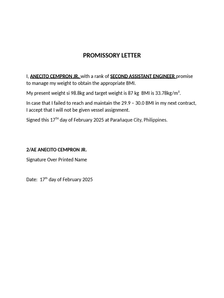 BMI Promissory Letter | PDF