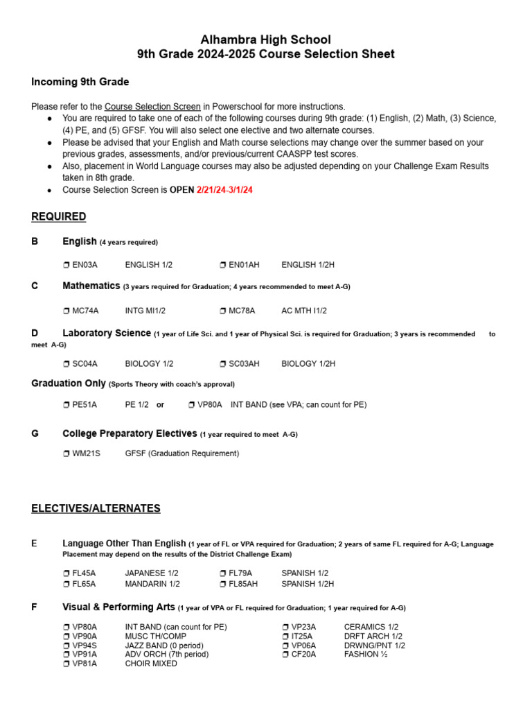 AHS 9th Grade 2024-2025 Course Selection Sheets | PDF | Science