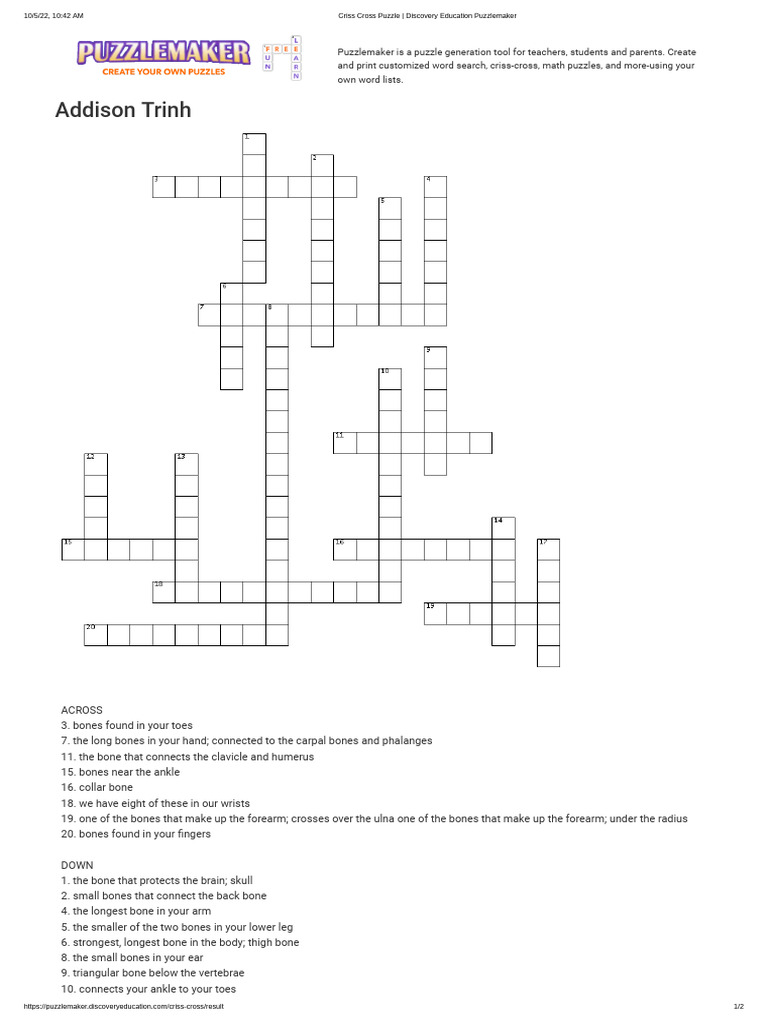 Criss Cross Puzzle - Discovery Education Puzzlemaker | PDF