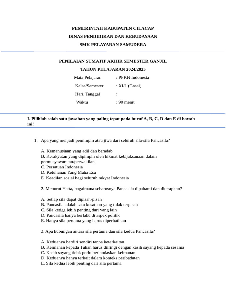 Soal PPKN Sumatif Akhir Semeser Ganjil Kelas XI | PDF