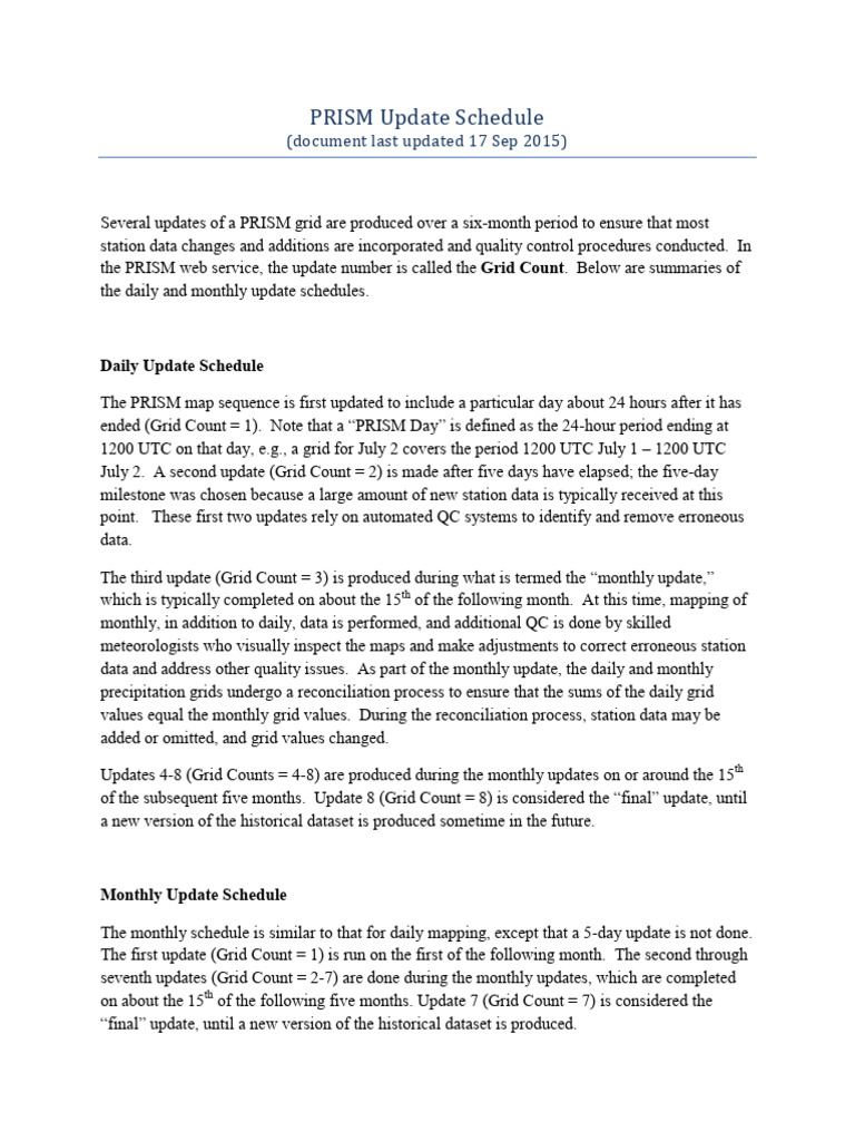 Prism Update Schedule Overview Pdf