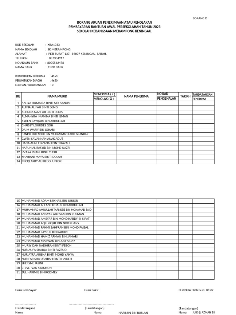 BORANG D BAP TAHUN 1 2023 rm4650 | PDF