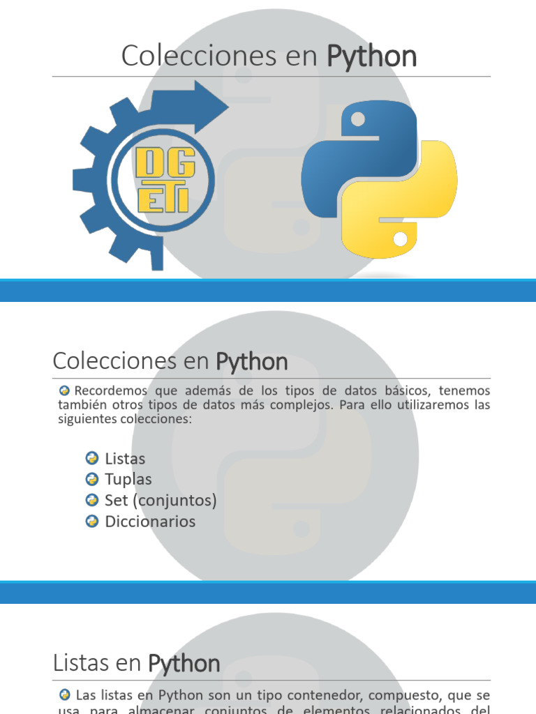 Colecciones en Python: Listas, Tuplas, Sets y Diccionarios | PDF