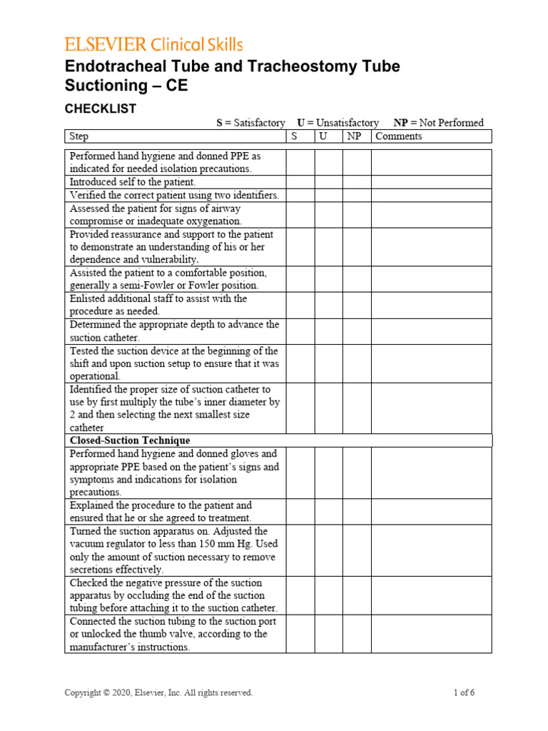 Endotracheal Tube and Tracheostomy Tube Suctioning Checklist - 080520 ...